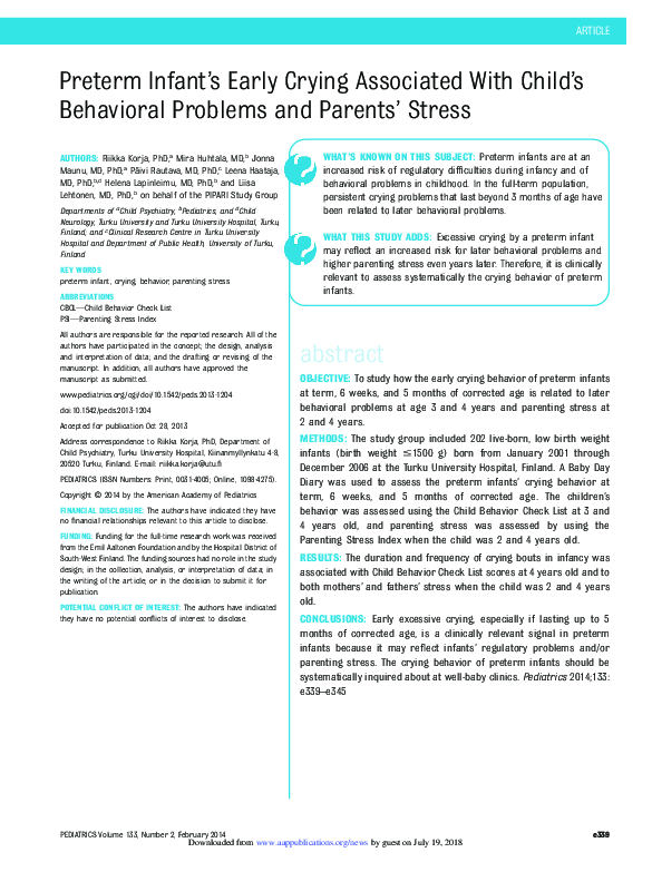 (PDF) Preterm Infant’s Early Crying Associated With Child’s Behavioral ...