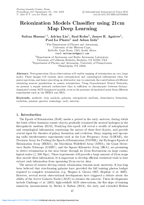(PDF) Reionization Models Classifier using 21cm Map Deep Learning