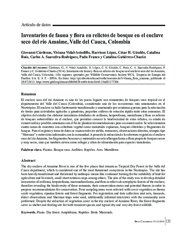 (PDF) Inventarios de fauna y flora en relictos de bosque en el enclave ...