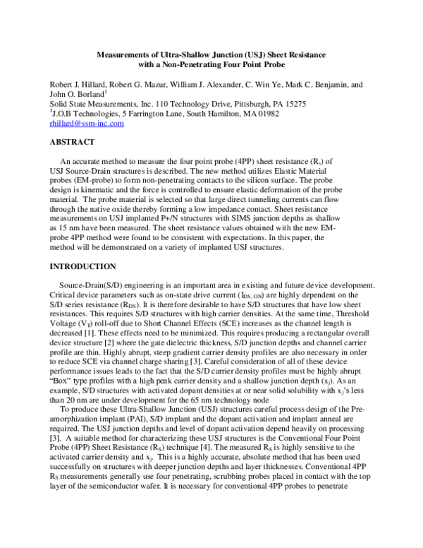 (PDF) Measurements of Ultra-Shallow Junction (USJ) Sheet Resistance ...