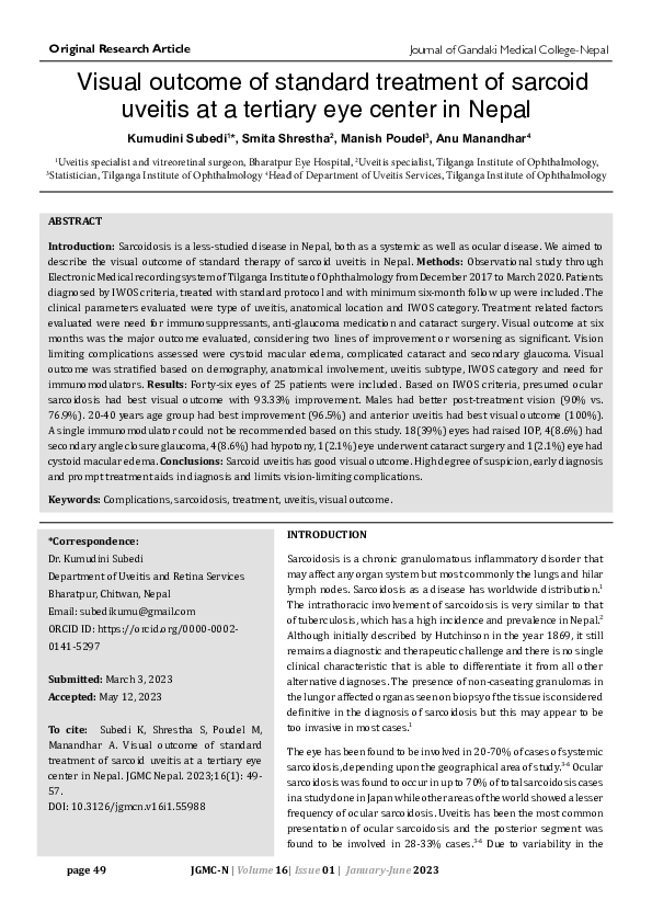 (PDF) Visual outcome of standard treatment of sarcoid uveitis at a ...