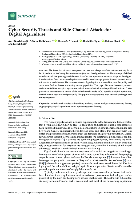 (PDF) Cyber-Security Threats and Side-Channel Attacks for Digital Agriculture