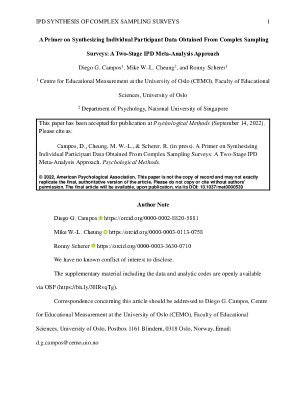 (PDF) A Primer on Synthesizing Individual Participant Data Obtained From Complex Sampling ...