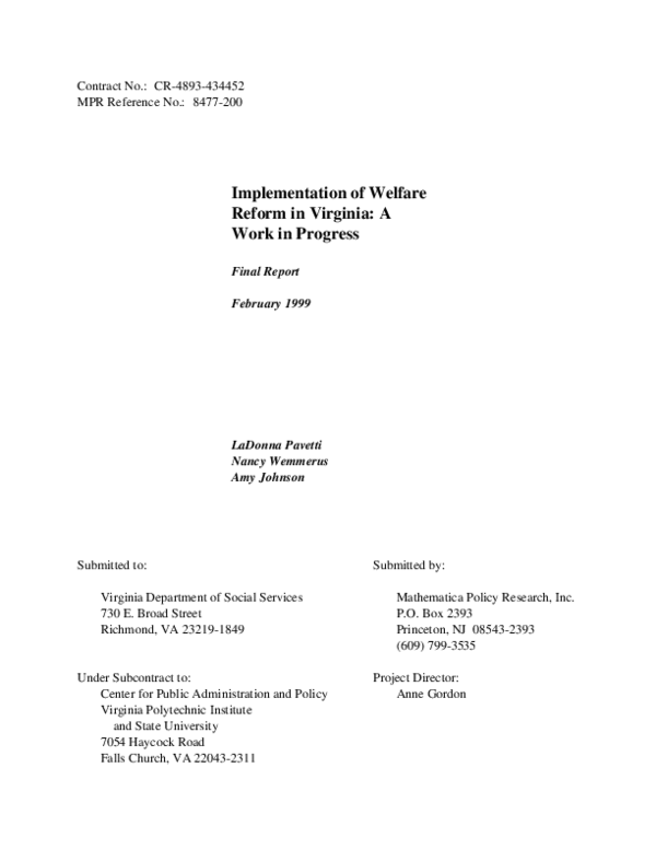 (PDF) Implementation of welfare reform in Virginia: A work in progress