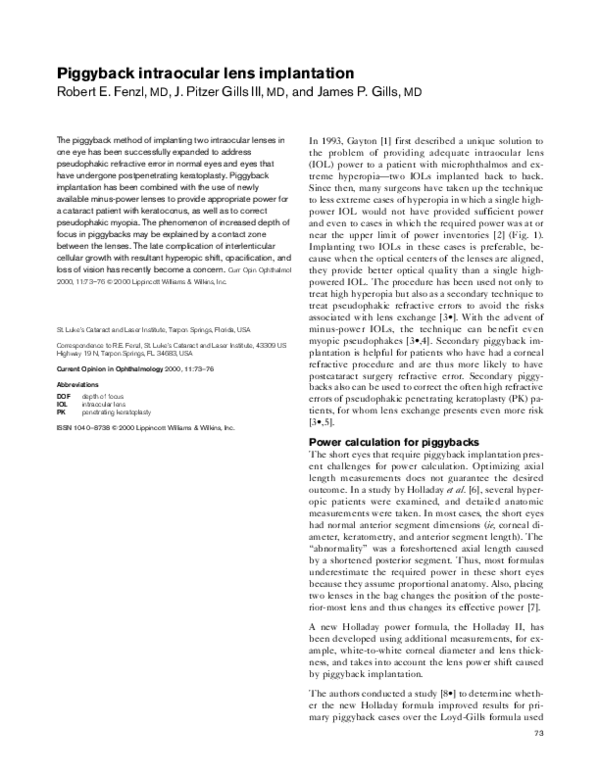 (PDF) Piggyback intraocular lens implantation
