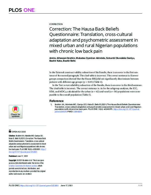 (PDF) Correction: The Hausa Back Beliefs Questionnaire: Translation ...