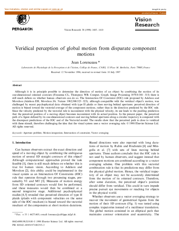 (PDF) Veridical perception of global motion from disparate component ...