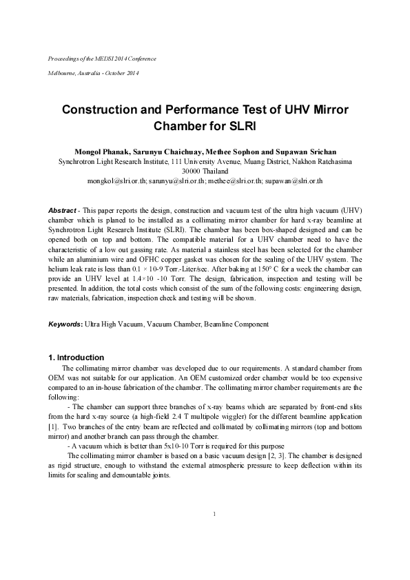 (PDF) Construction and Performance Test of UHV Mirror Chamber for SLRI