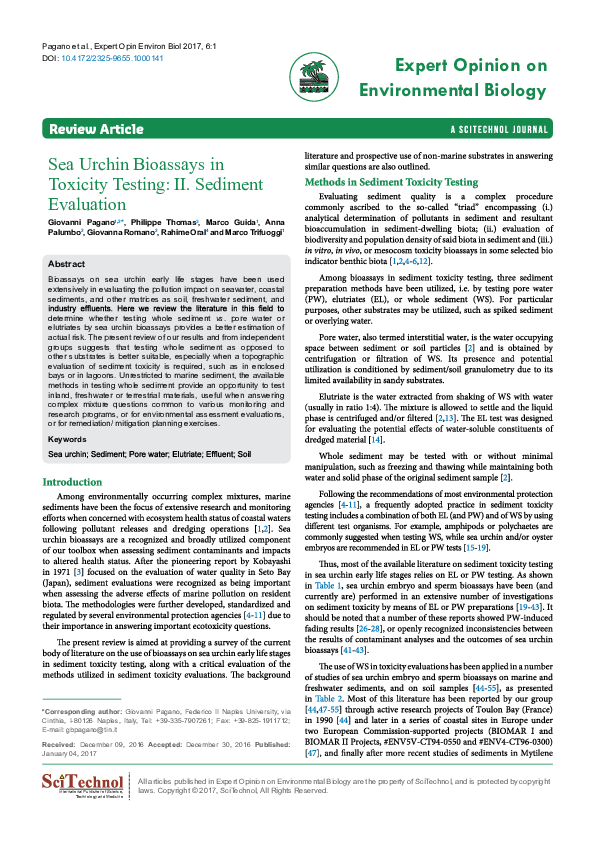 (PDF) Sea Urchin Bioassays in Toxicity Testing: II. Sediment Evaluation