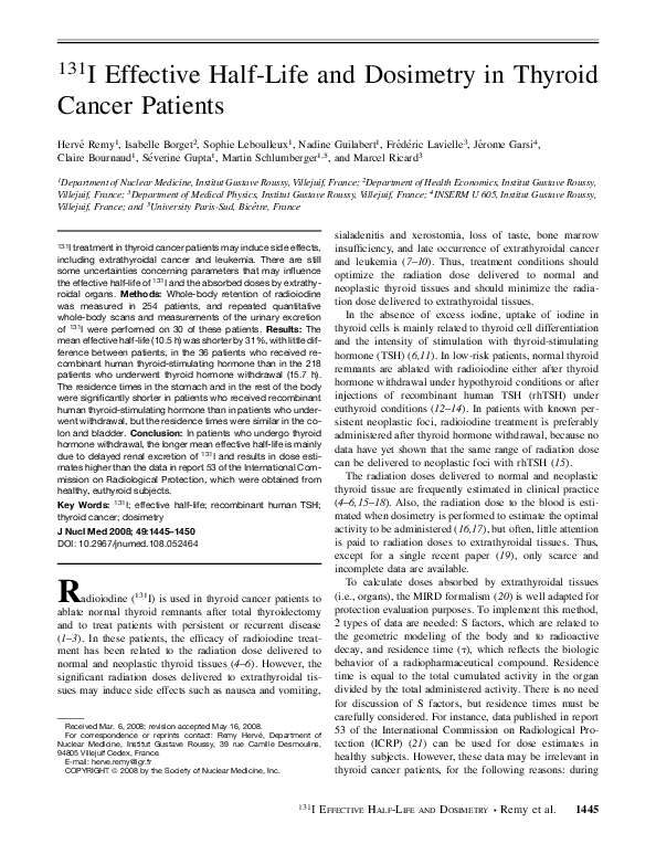(PDF) 131 I Effective Half-Life and Dosimetry in Thyroid Cancer Patients