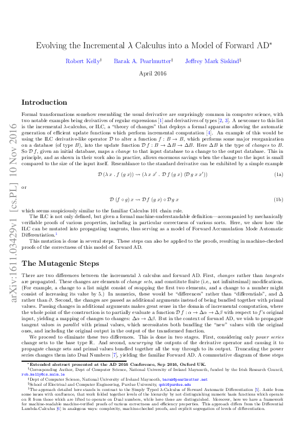 (PDF) Evolving the Incremental Lambda Calculus into a Model of Forward Automatic Differentiation ...