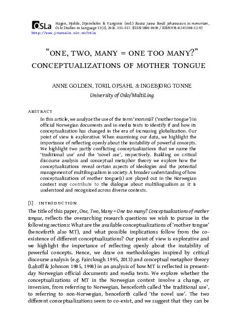 (PDF) “One, Two, Many = One too many?” Conceptualizations of mother tongue