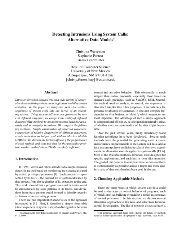 (PDF) Detecting intrusions using system calls: alternative data models