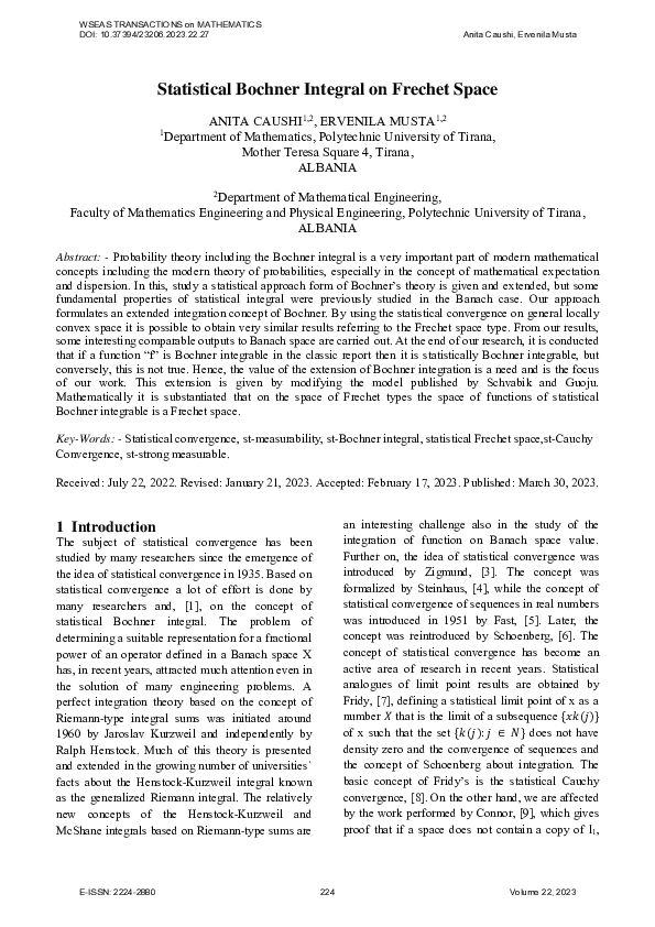 (PDF) Statistical Bochner Integral on Frechet Space