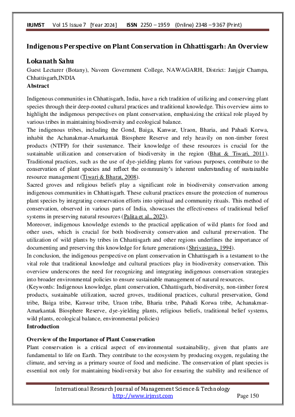 (PDF) Indigenous Perspective on Plant Conservation in Chhattisgarh: An ...