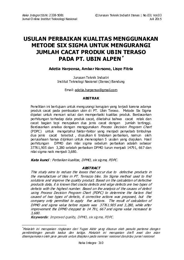 (PDF) Usulan Perbaikan Kualitas Menggunakan Metode Six Sigma Untuk ...