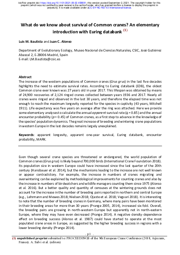 (PDF) What do we know about survival of Common cranes? An elementary ...