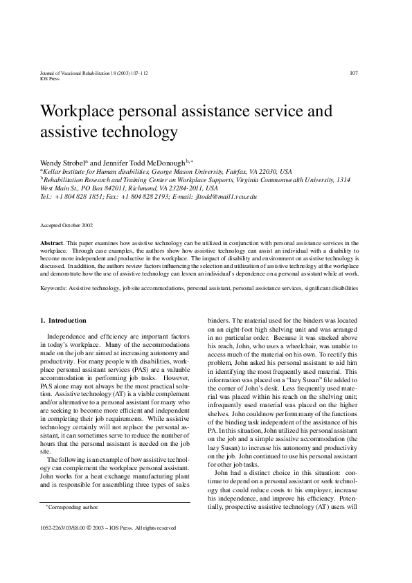(PDF) Workplace personal assistance service and assistive technology