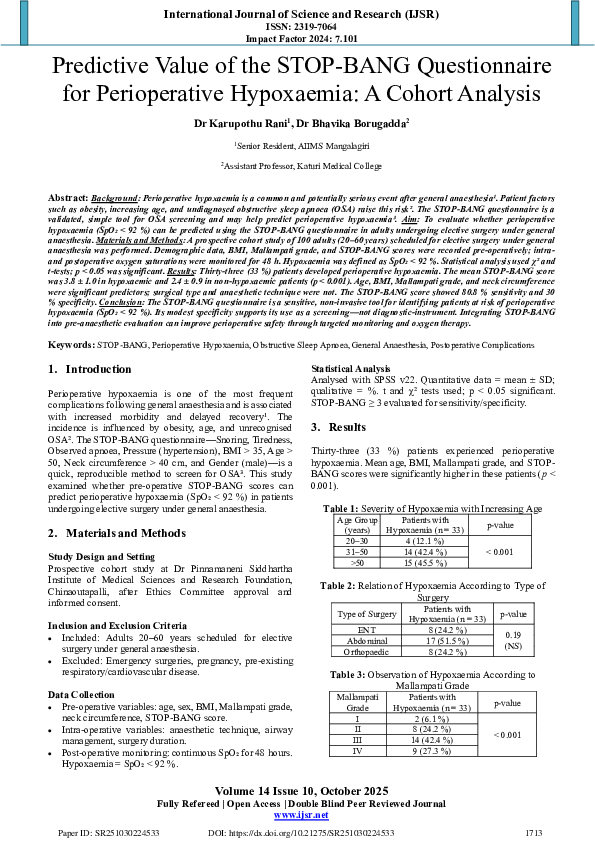 (PDF) Predictive Value of the STOP-BANG Questionnaire for Perioperative Hypoxaemia: A Cohort ...