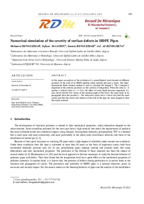 (PDF) Numerical simulation of the severity of surface defects in HDPE Pipes