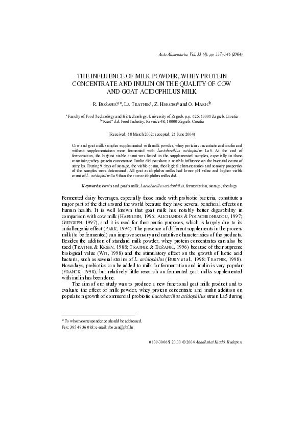 (PDF) The influence of milk powder, whey protein concentrate and inulin ...
