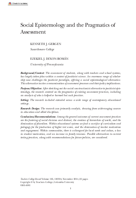 (PDF) Social Epistemology and the Pragmatics of Assessment