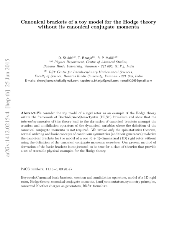 (PDF) Canonical brackets of a toy model for the Hodge theory without ...