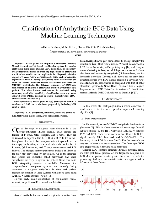 Pdf Clasification Of Arrhythmic Ecg Data Using Machine Learning Techniques