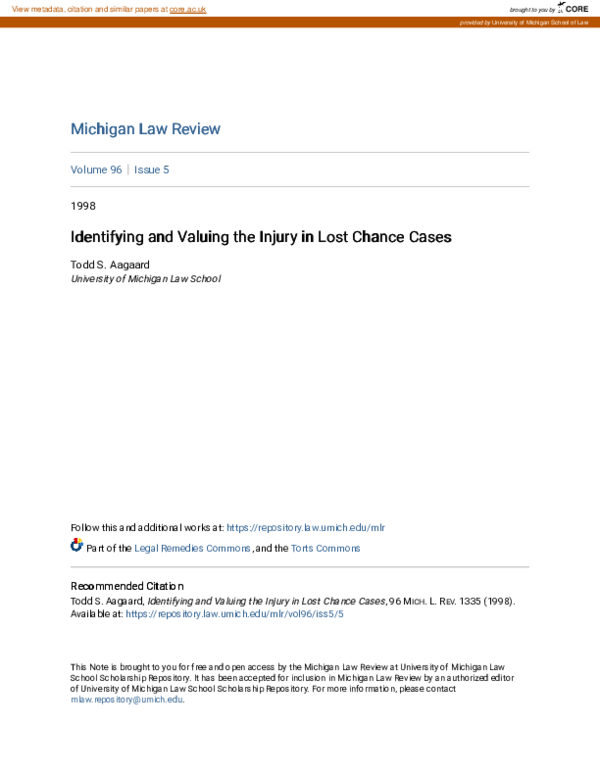 (PDF) Identifying and Valuing the Injury in Lost Chance Cases