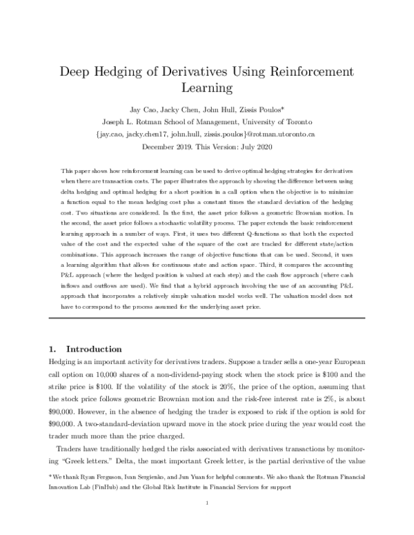 (PDF) Deep Hedging of Derivatives Using Reinforcement Learning