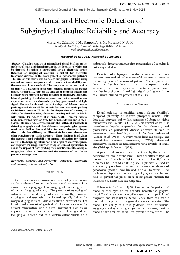 (PDF) Manual and Electronic Detection of Subgingival Calculus ...