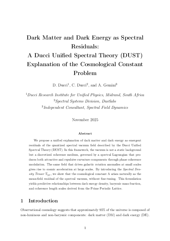 (PDF) Dark Matter and Dark Energy as Spectral Residuals: A Ducci ...