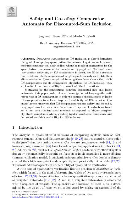 (PDF) Safety and Co-safety Comparator Automata for Discounted-Sum Inclusion