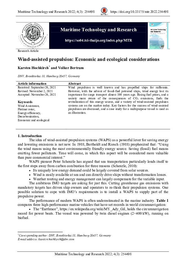 (PDF) Wind assisted propulsion: Economic and ecological considerations