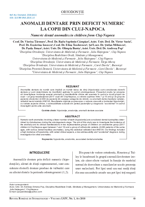 (PDF) Numeric dental anomalies in children from Cluj-Napoca