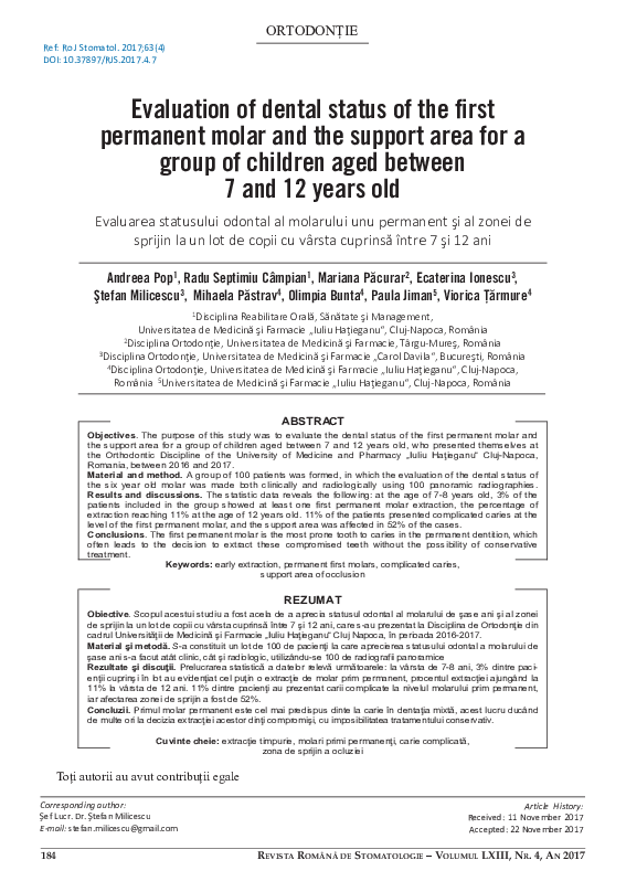 (PDF) Evaluation of dental status of the first permanent molar and the ...