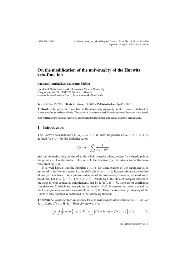 (PDF) On the modification of the universality of the Hurwitz zeta-function