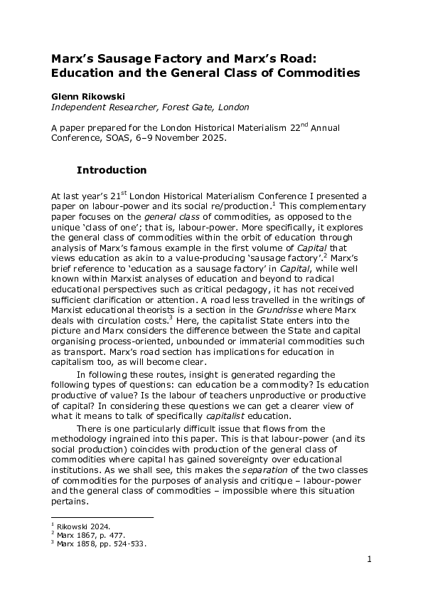 (PDF) Marx's Sausage Factory and Marx's Road: Education and the General ...