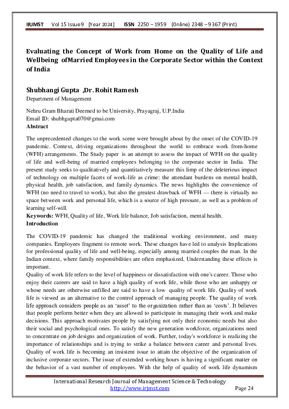 (PDF) Evaluating the Concept of Work from Home on the Quality of Life ...