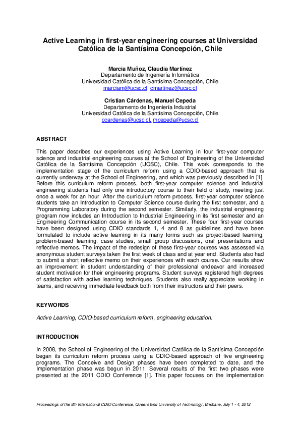 (PDF) Active learning in first-year engineering courses at Universidad ...