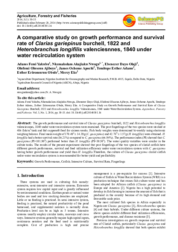 (PDF) A Comparative Study on Growth Performance and Survival Rate of ...