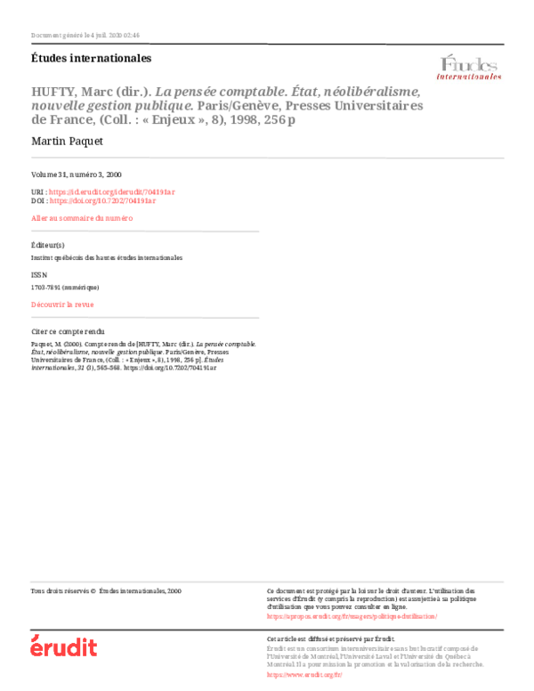 (PDF) HUFTY, Marc (dir.). La pensée comptable. État, néolibéralisme ...