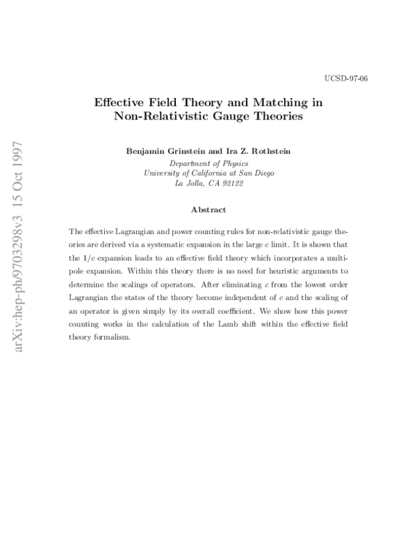 (PDF) Effective field theory and matching in nonrelativistic gauge theories