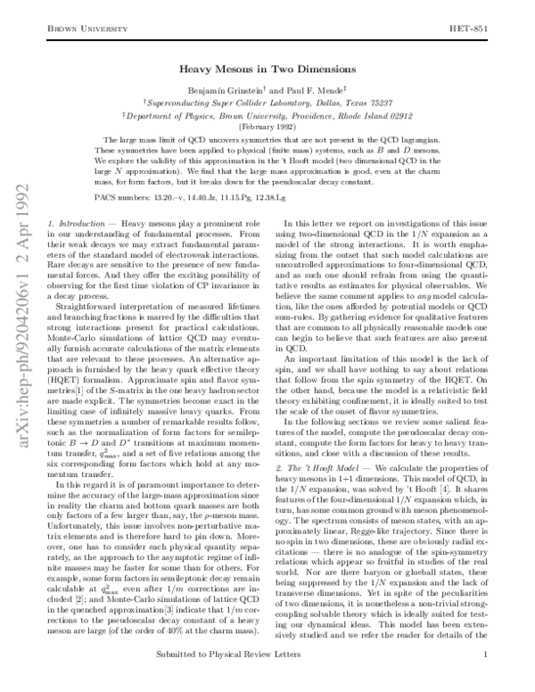 (PDF) Heavy mesons in two dimensions