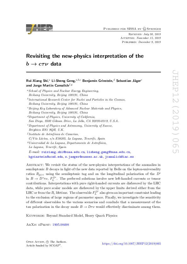 (PDF) Revisiting the new-physics interpretation of the b → cτν data