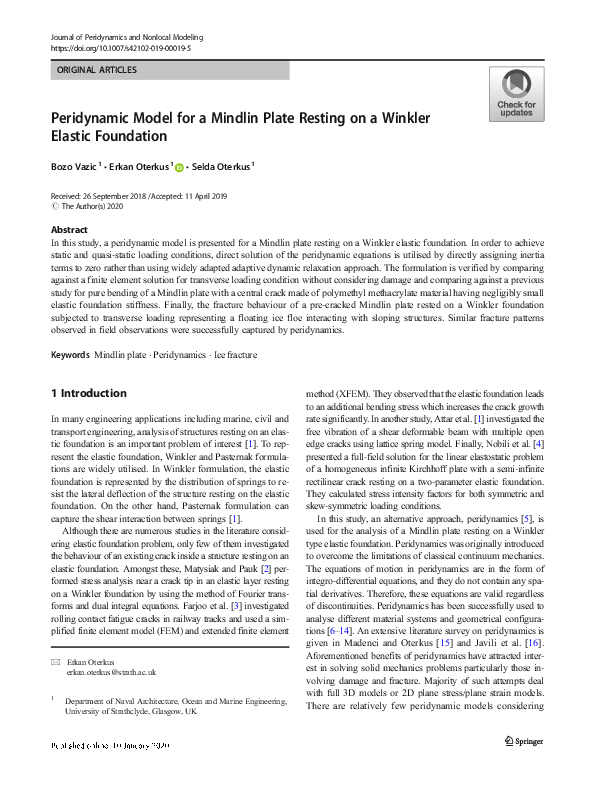 (PDF) Peridynamic Model for a Mindlin Plate Resting on a Winkler ...