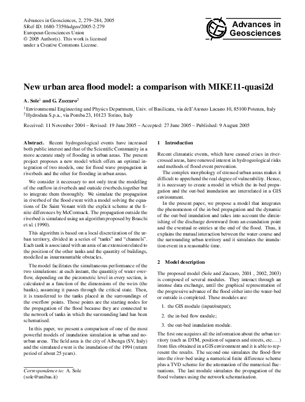 (PDF) New urban area flood model: a comparison with MIKE11-quasi2d
