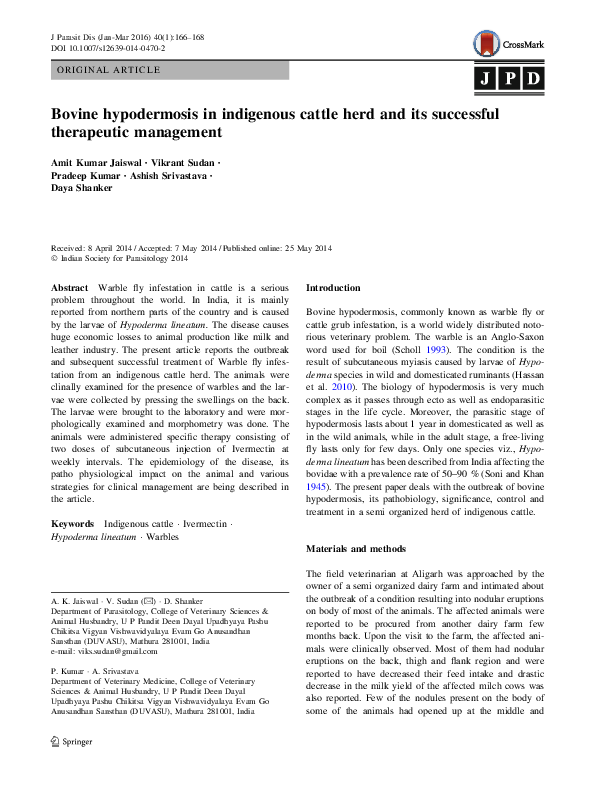 (PDF) Bovine hypodermosis in indigenous cattle herd and its successful ...