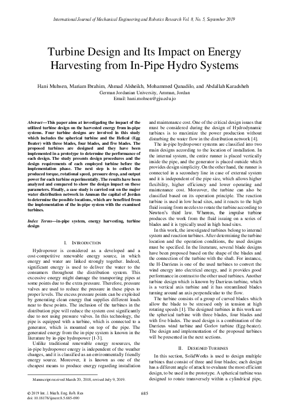 (PDF) Turbine Design and Its Impact on Energy Harvesting from In-Pipe ...