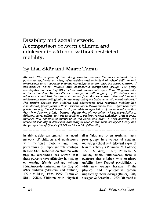 (PDF) Disability and social network. A comparison between children and ...